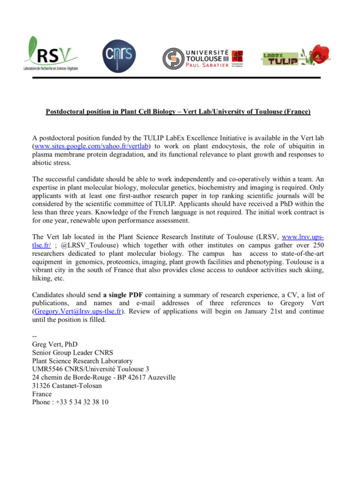 Postdoctoral Position In Plant Cell Biology Vert Lab University Of Postdoctoral Position In Plant Cell Biology Vert Lab University Of