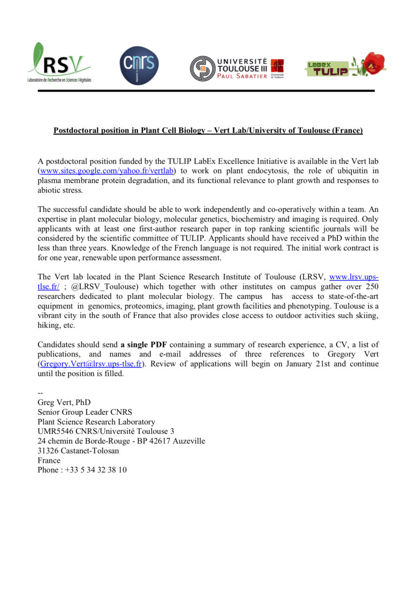 Postdoctoral position in Plant Cell Biology Vert Lab/University of ...